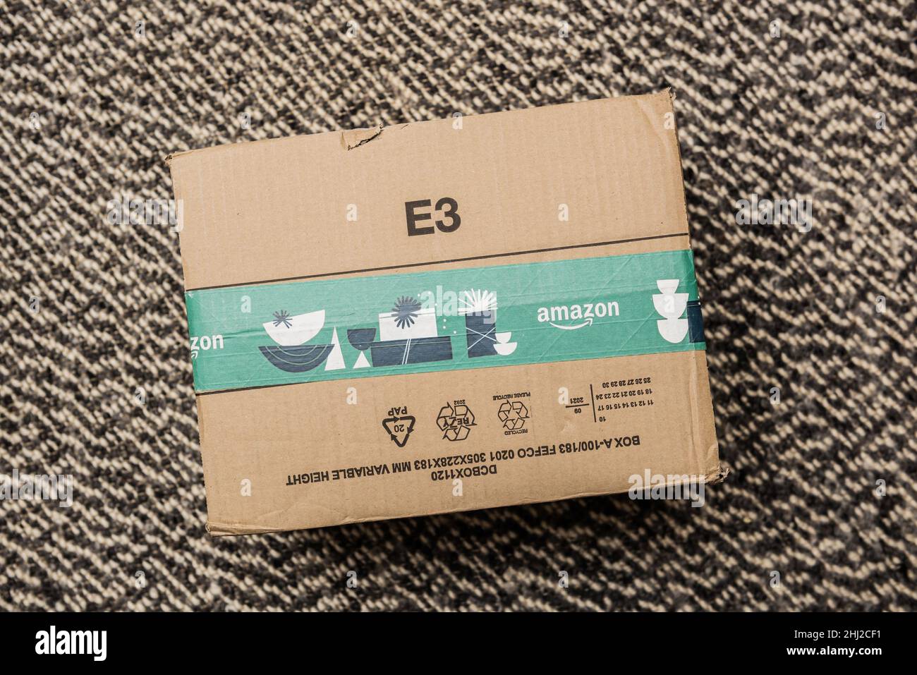 Paris, France - Nov 29, 2021: View from above of Amazon prime cardboard ...