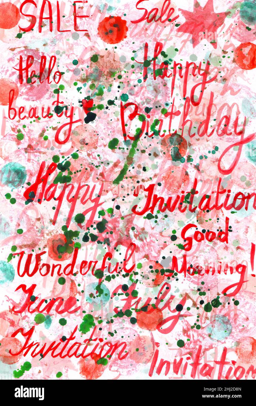 Watercolor background with different hand written words. Hand drawn art ...