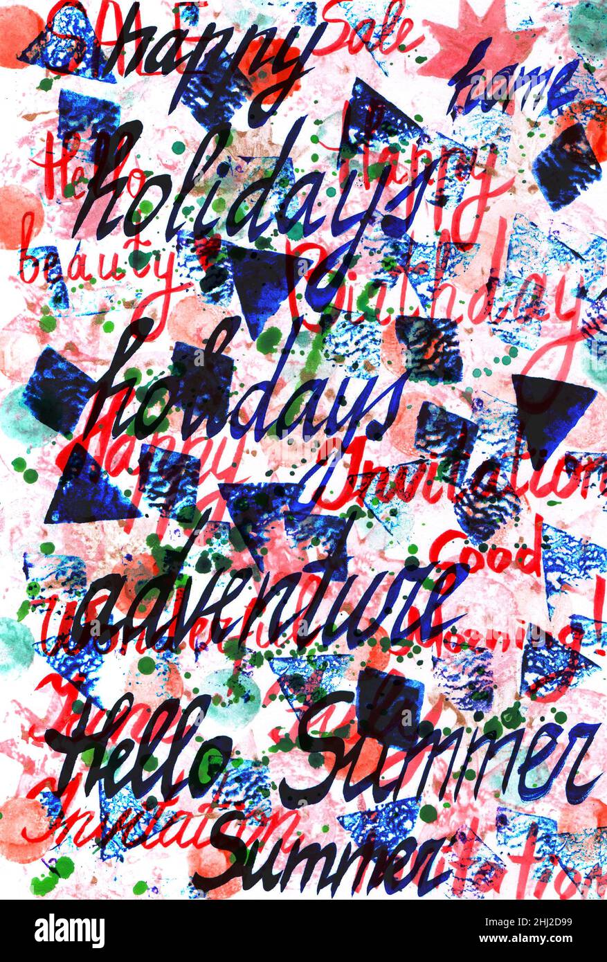 Watercolor background with different hand written words. Hand drawn art ...