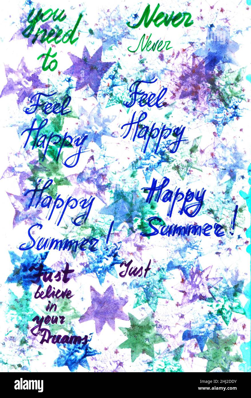 Watercolor background with different hand written words. Hand drawn art ...