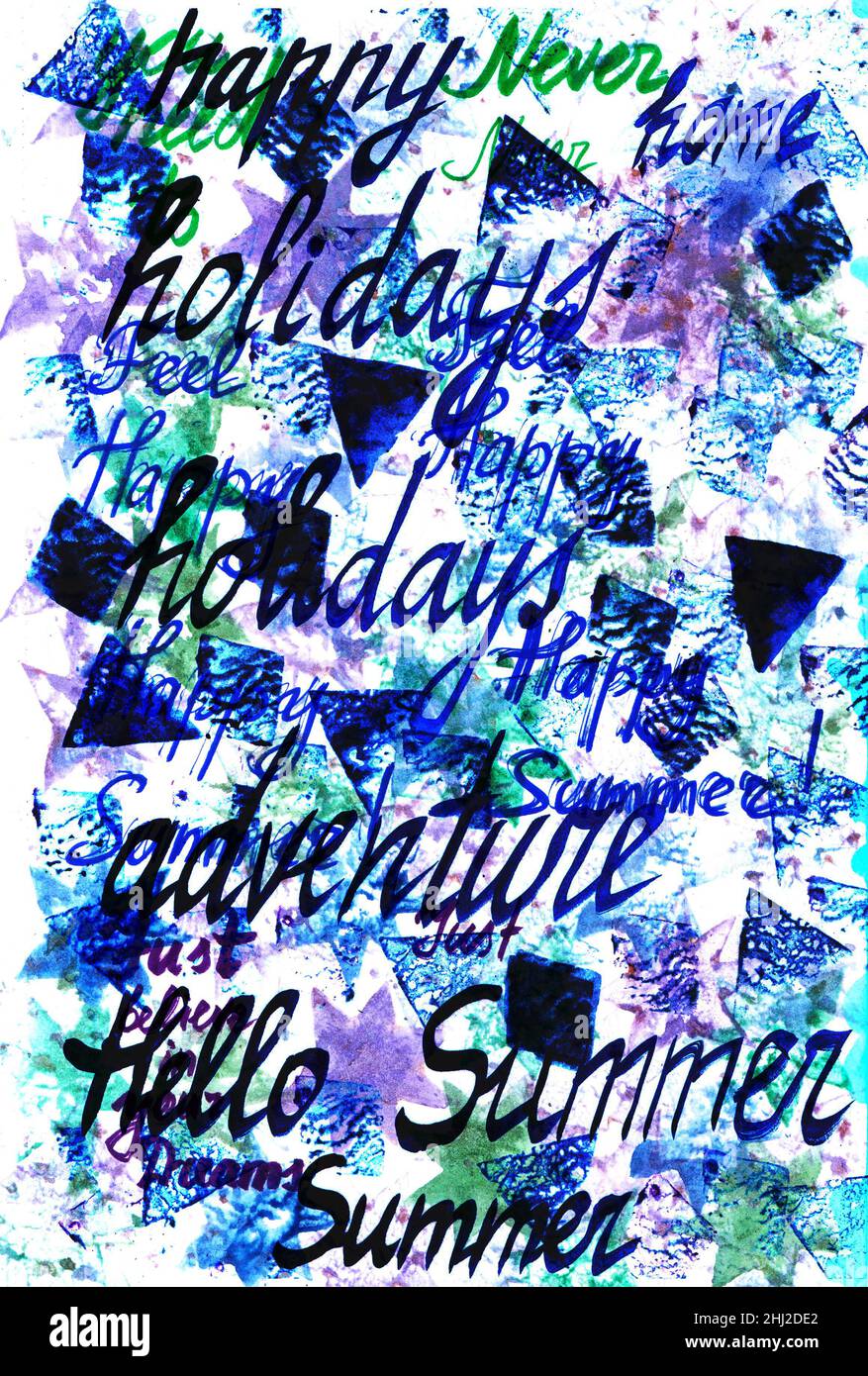 Watercolor background with different hand written words. Hand drawn art ...