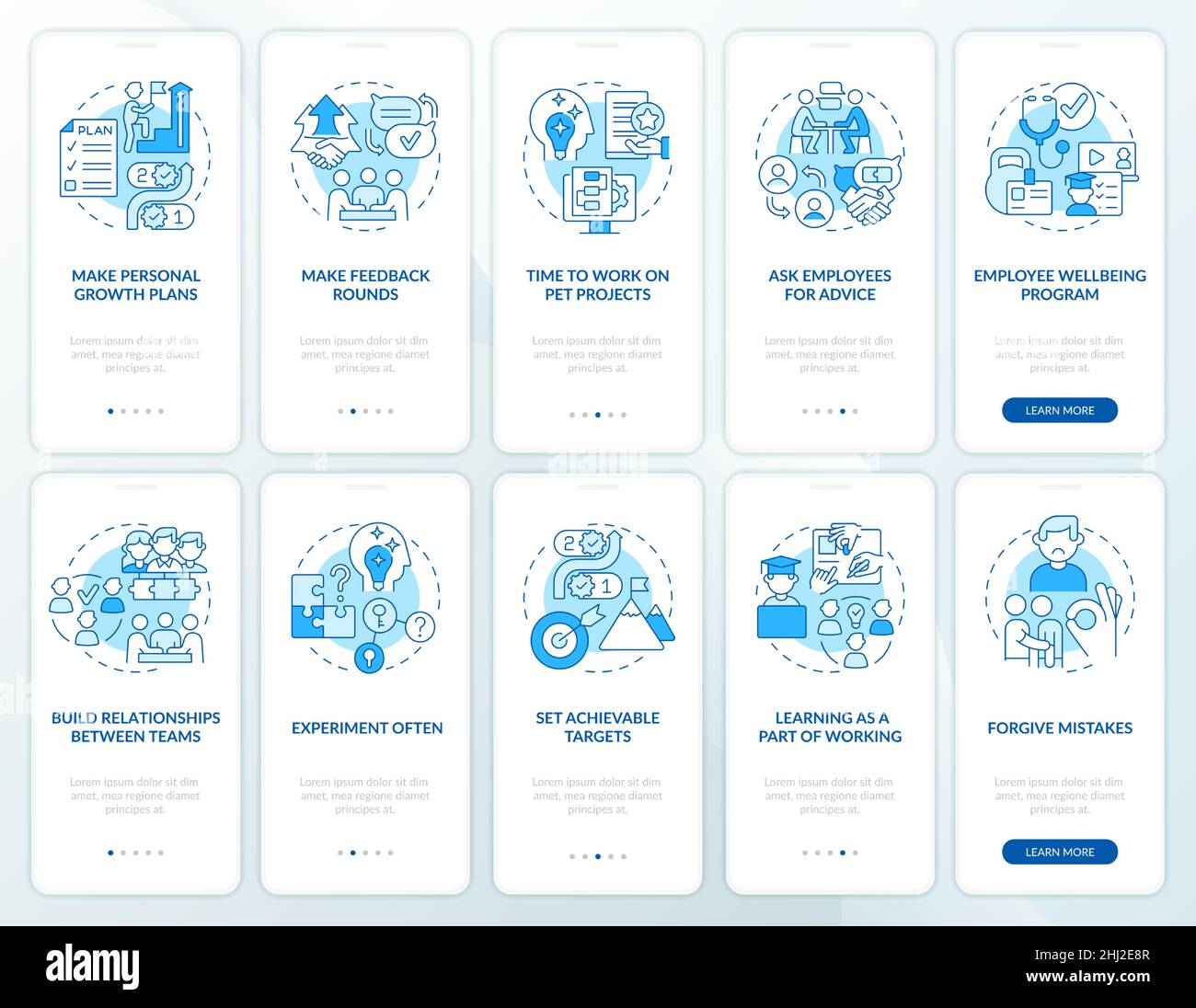 Employee engagement blue onboarding mobile app screen set Stock Vector ...