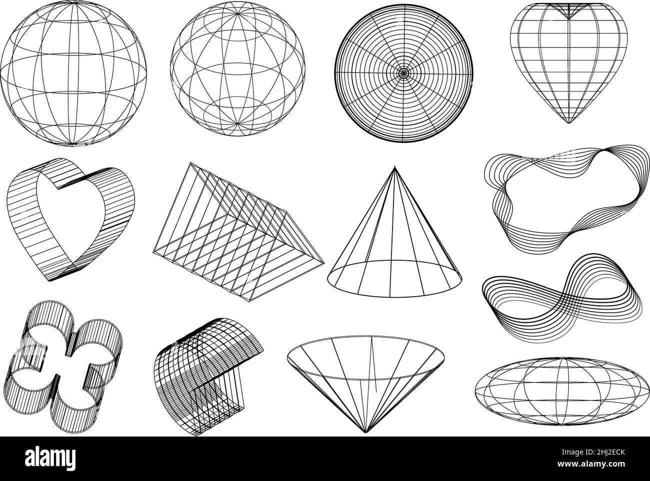 Mesh abstract shapes with globe in minimal style set. Futuristic ...
