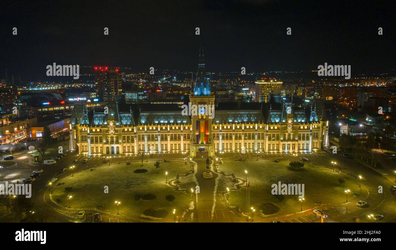 Aerial photography of the Cultural Palace in Iasi city center, Romania ...