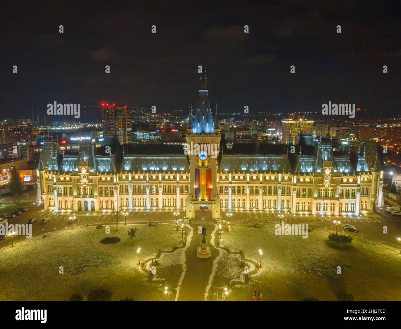Aerial photography of the Cultural Palace in Iasi city center, Romania ...