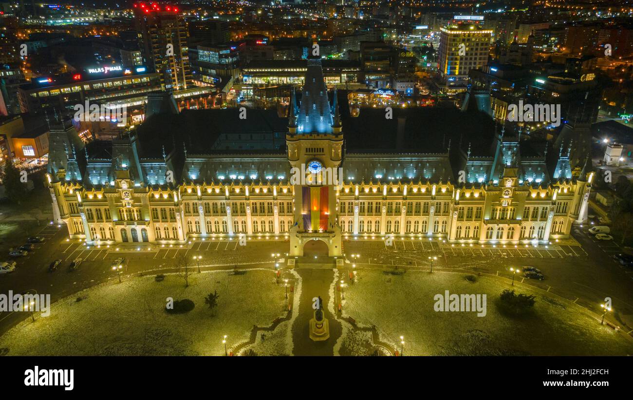 Aerial photography of the Cultural Palace in Iasi city center, Romania ...