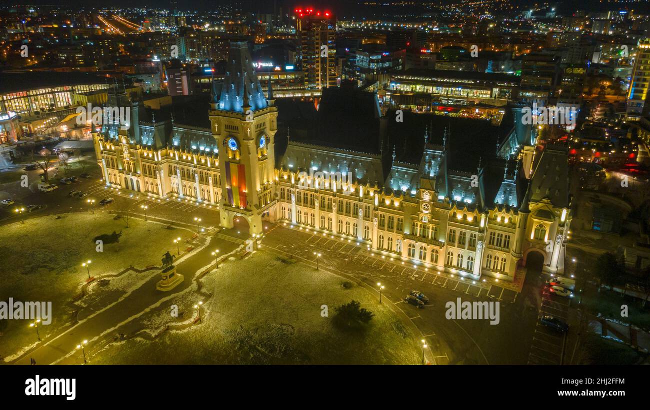 Aerial photography of the Cultural Palace in Iasi city center, Romania ...