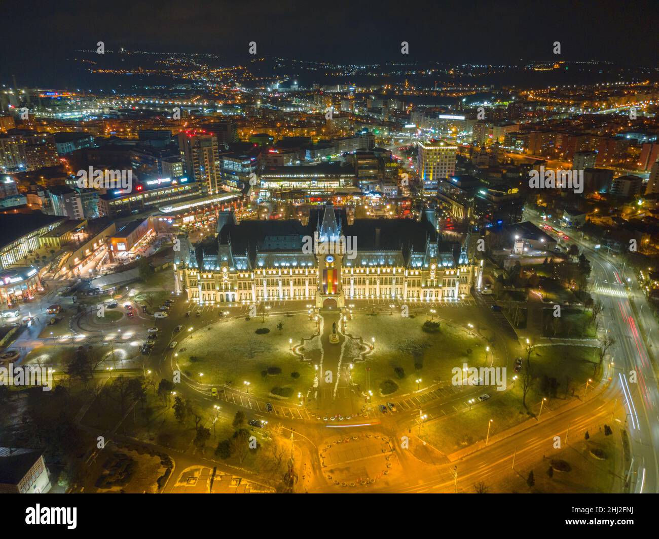Aerial photography of the Cultural Palace in Iasi city center, Romania ...