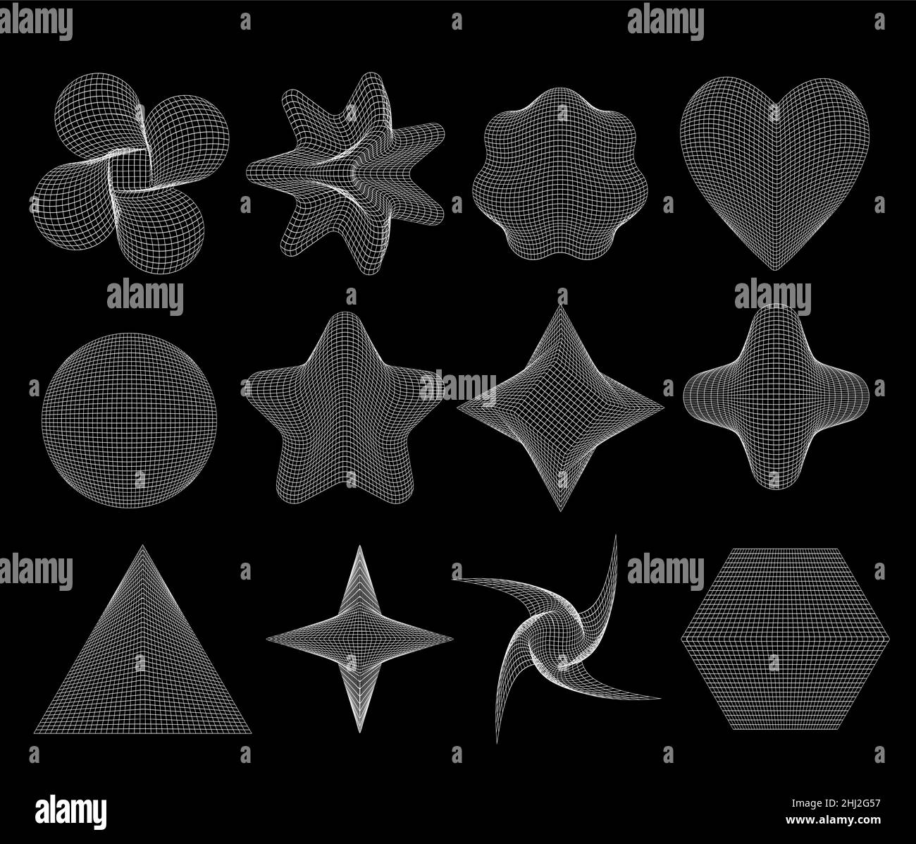 3d wireframe geometric shapes set in different shapes on a black ...