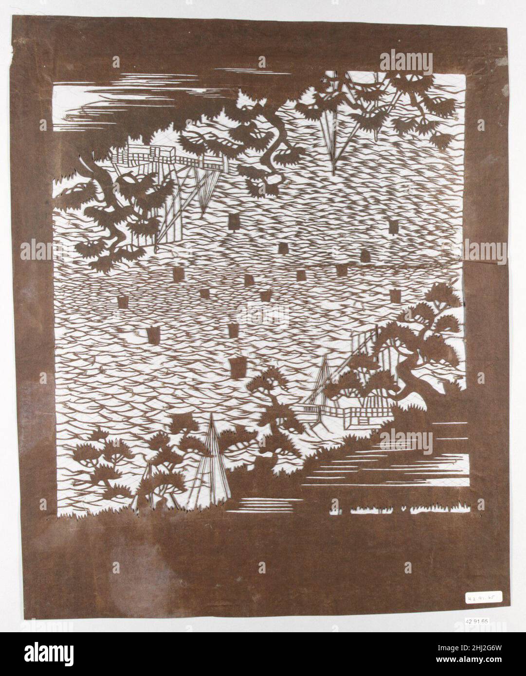 Stencil with Pattern of Seascape with Boats and Shore with Pines 19th ...