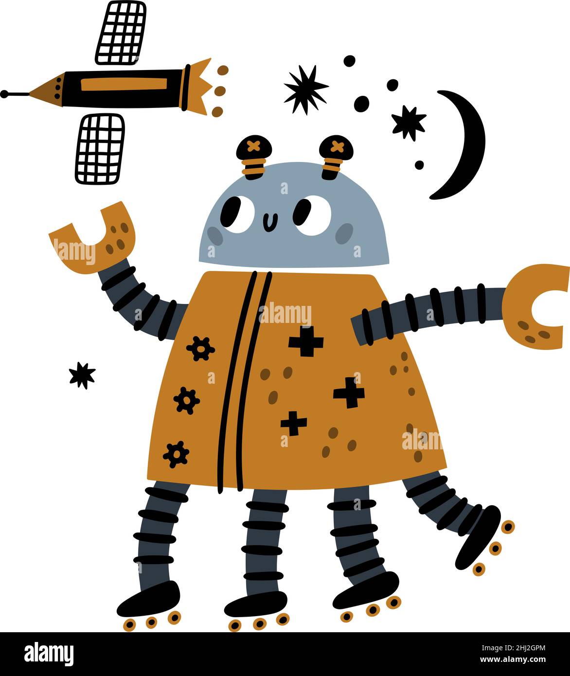 Cute futuristic robot running with flying space ship Stock Vector Image ...