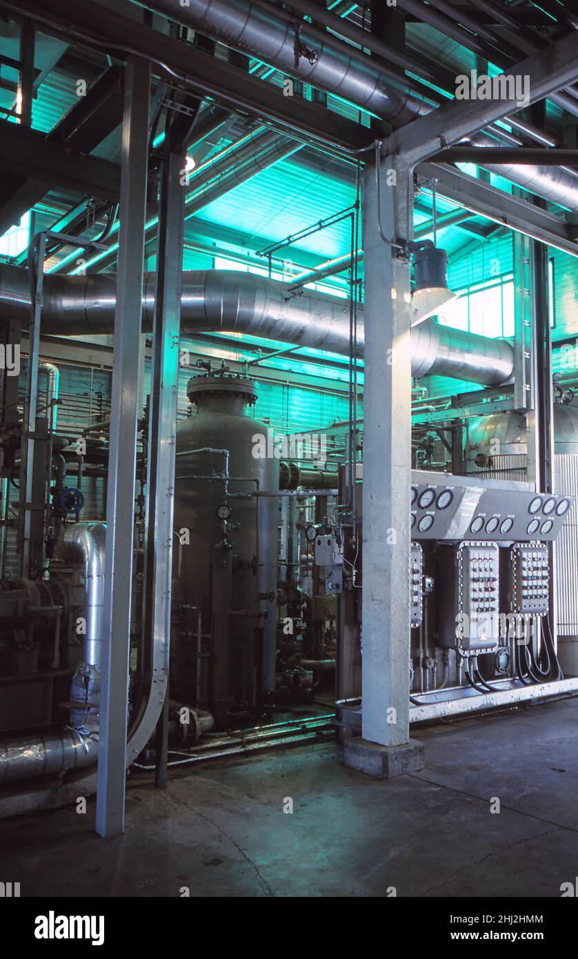Interior of a small crude oilfield pump station shack used for pumping ...