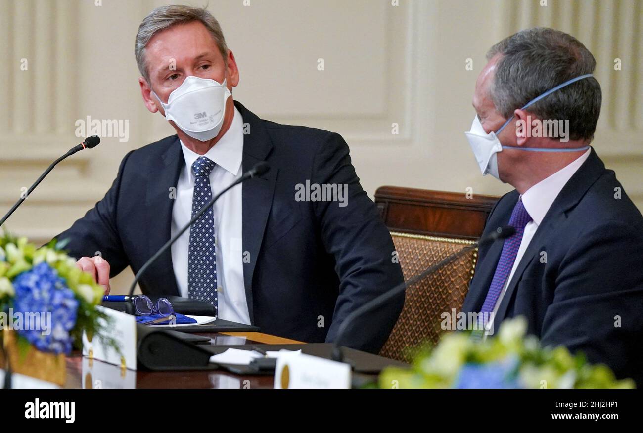 Tom Linebarger, CEO Cummins, speaks during a meeting with President Joe ...