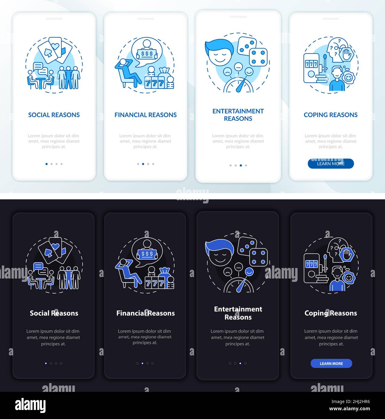 Gamble causes night and day mode onboarding mobile app screen Stock ...