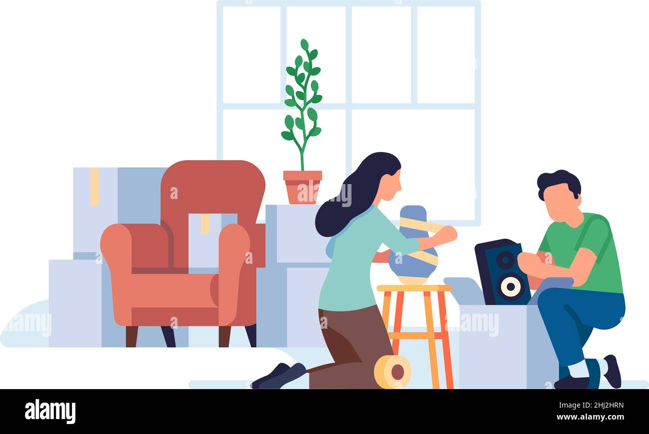 Family relocation. Man and woman packing stuff in paper for moving ...