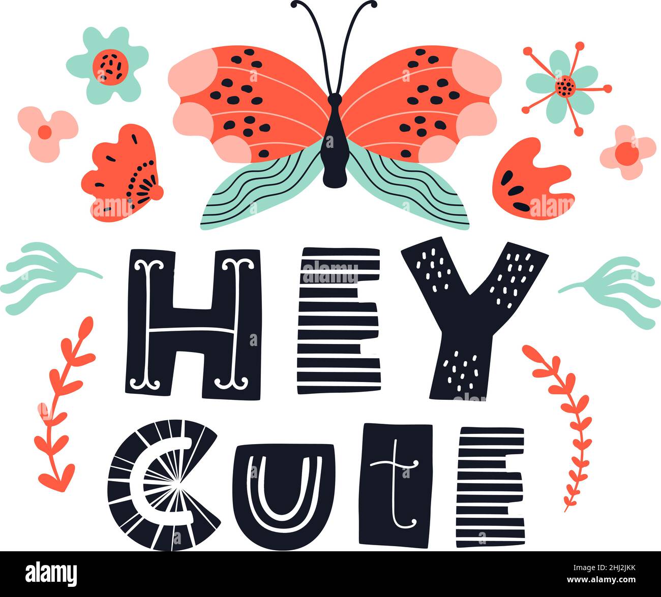 Hey cute decorative poster. Greeting card template with butterfly Stock ...