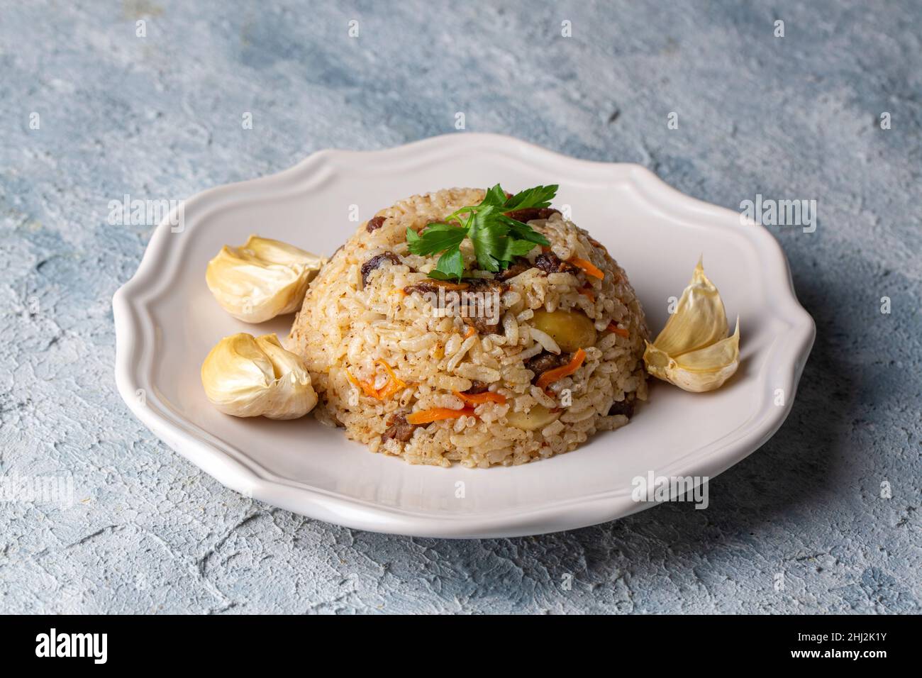 Traditional delicacies, Uzbek pilaf (Turkish name; Ozbek pilavi Stock ...
