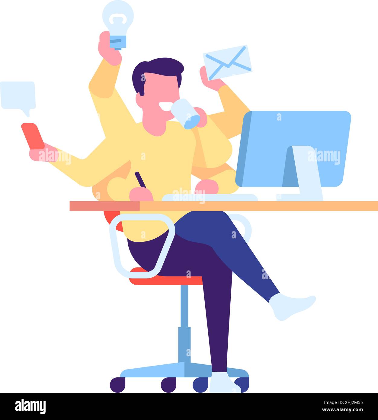 Man with many arms. Effective workload management. Multitasking concept ...