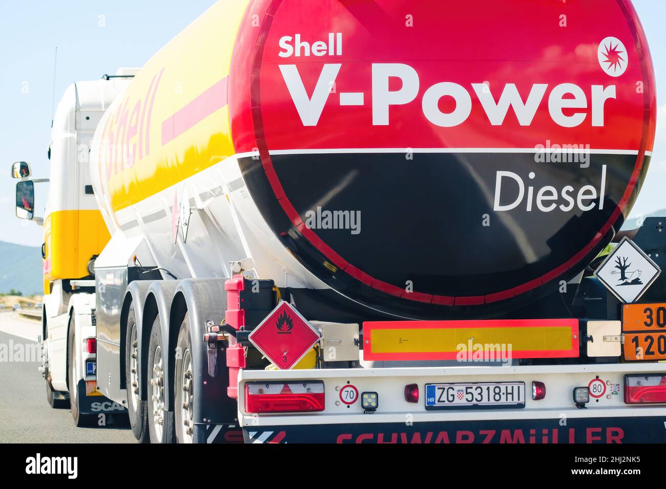 Shell V Power Diesel tanker transports gasoline on the highway with ...