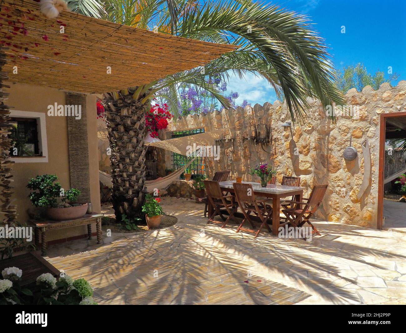 Patio with palm tree and natural stone wall, Casa del Aguila, Andalucia ...