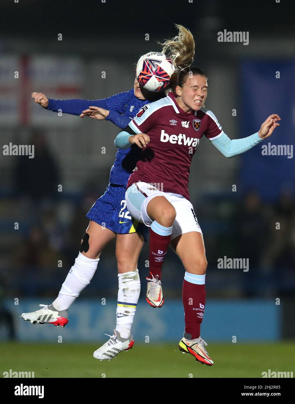 Chelsea's Erin Cuthbert (left) and West Ham United's Emma Snerle battle ...
