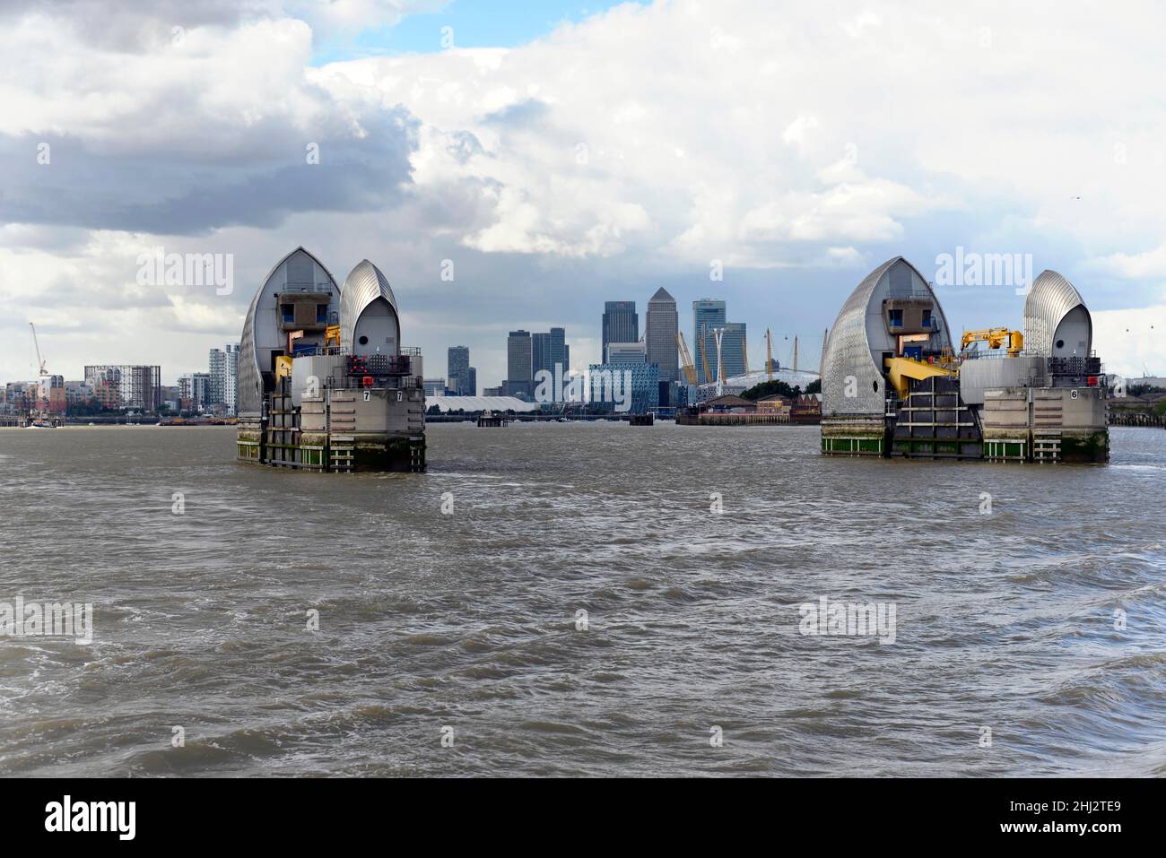 Gates of the Thames Barrier in open normal position, Flood Defence ...