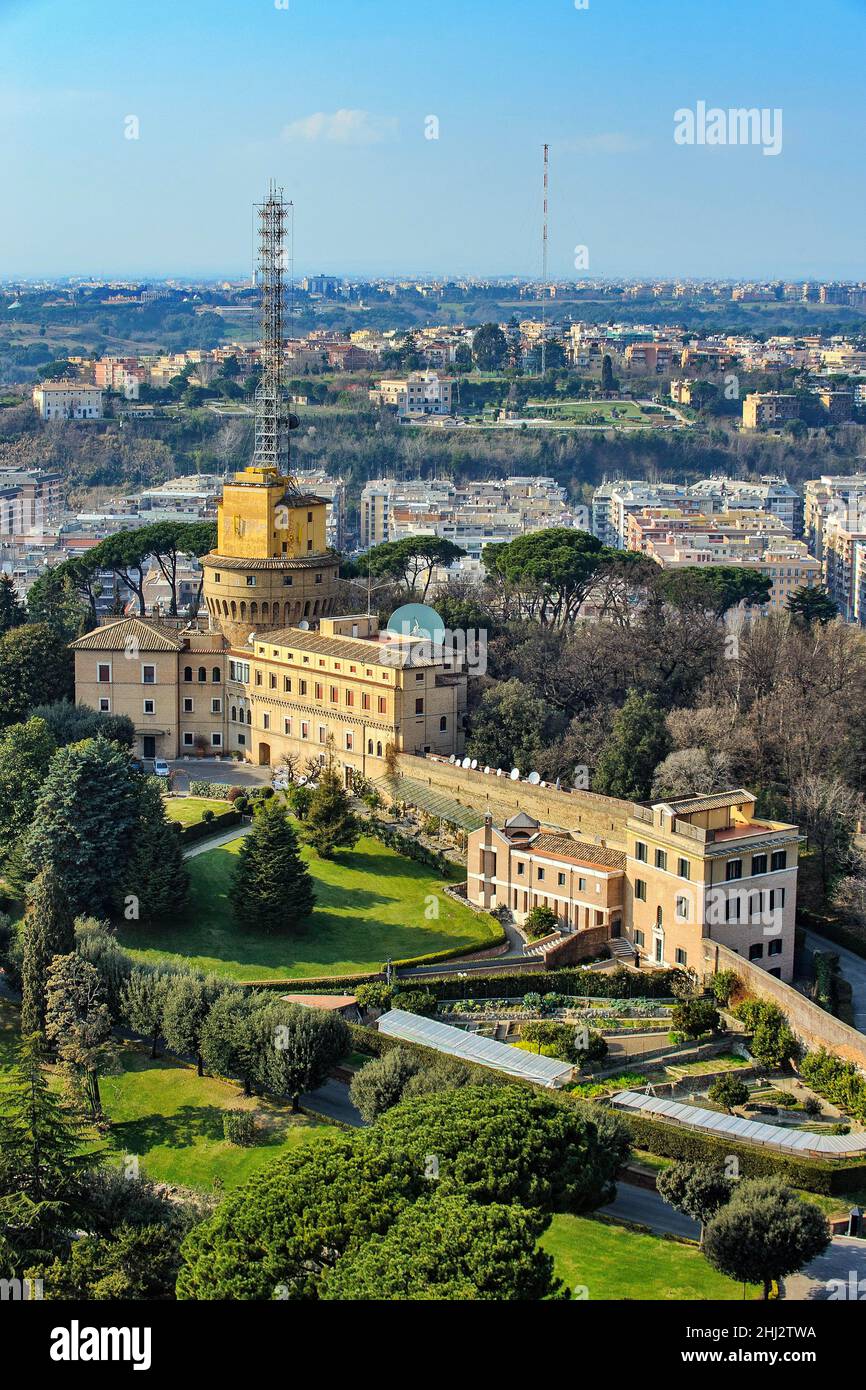 View from dome of St. Peter's Basilica to building and transmitter mast ...