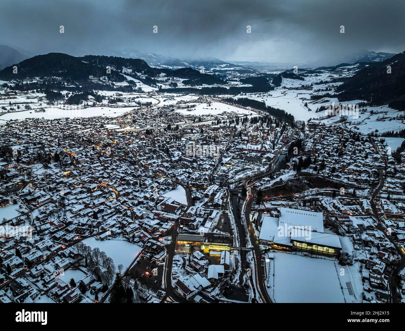 Town view, aerial view, Oberstdorf in winter, Illertal, Allgaeu Alps ...