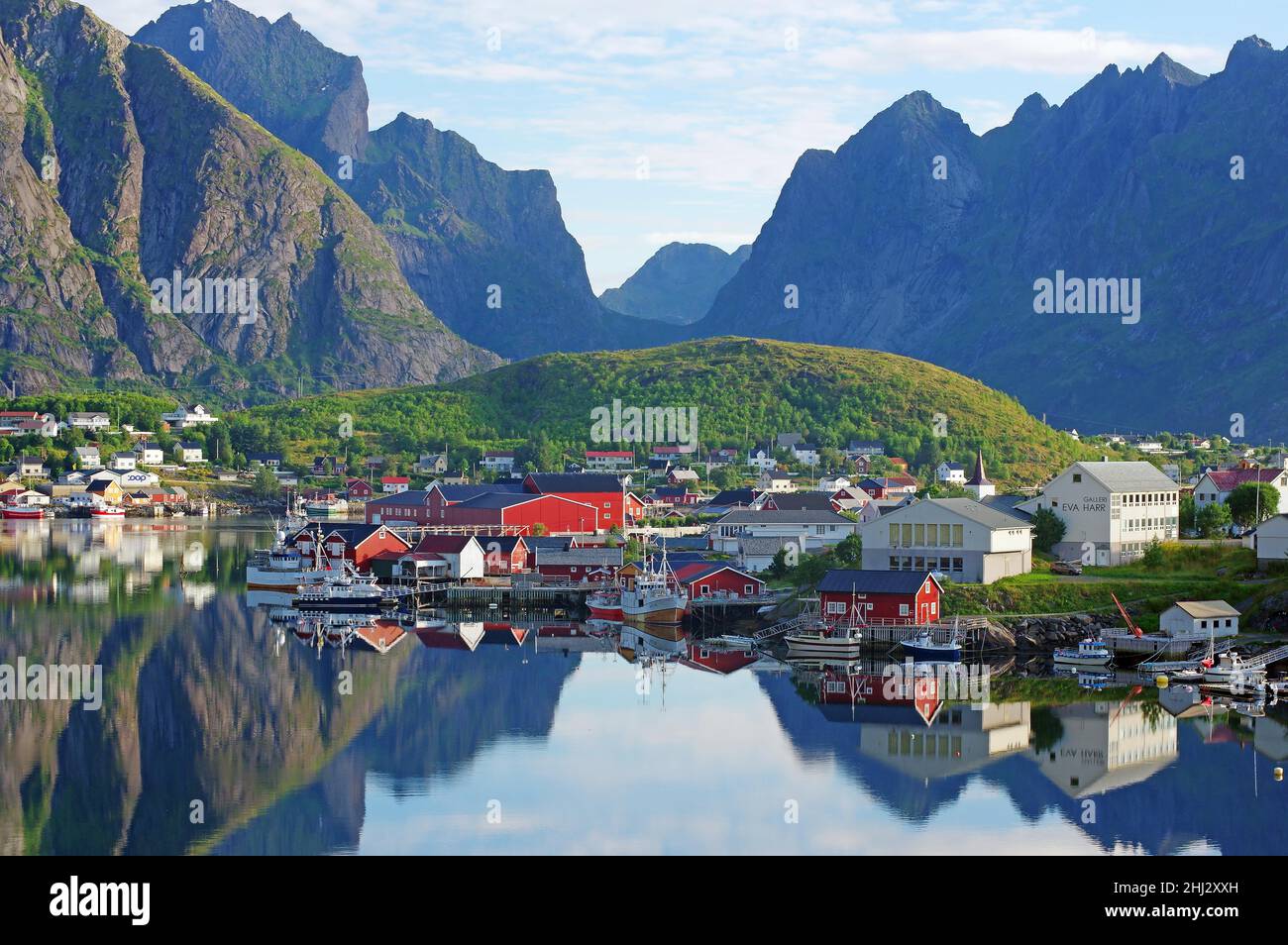 Village view, Reinefjord with mountains and red wooden houses, houses ...