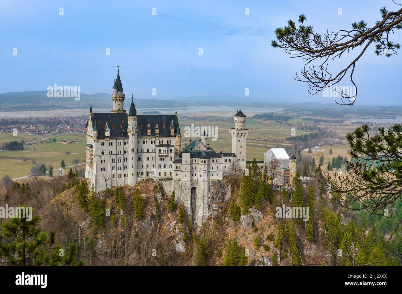 Historic Neuschwanstein Castle under the German Alps with surrounding ...