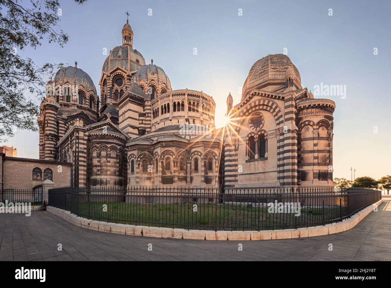 Back view of Cathedral de la Major with sunbeam, Marseille, France ...