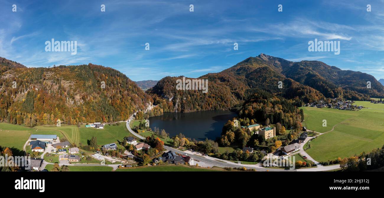 Drone shot, Krottensee with Huettenstein Castle and Schafberg, Winkl ...