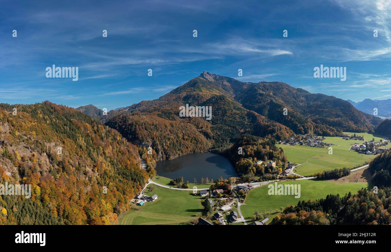 Drone shot, Krottensee with Huettenstein Castle and Schafberg, Winkl ...