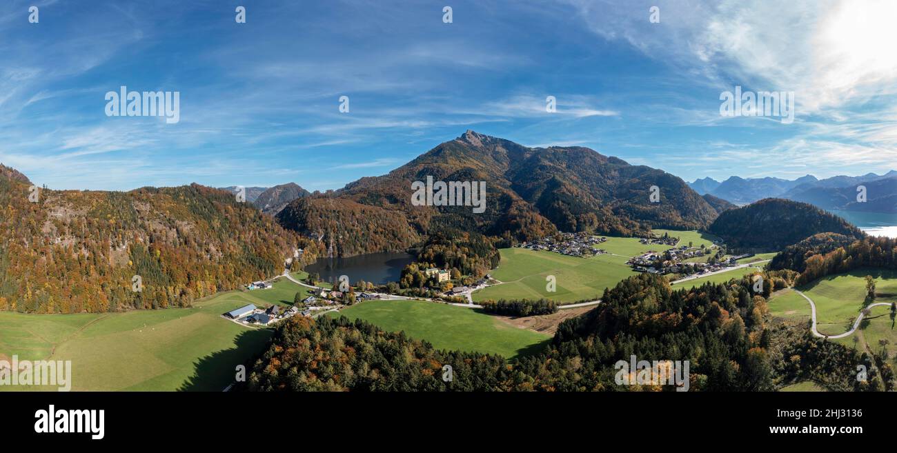 Drone shot, Krottensee with Huettenstein Castle and Schafberg, Winkl ...