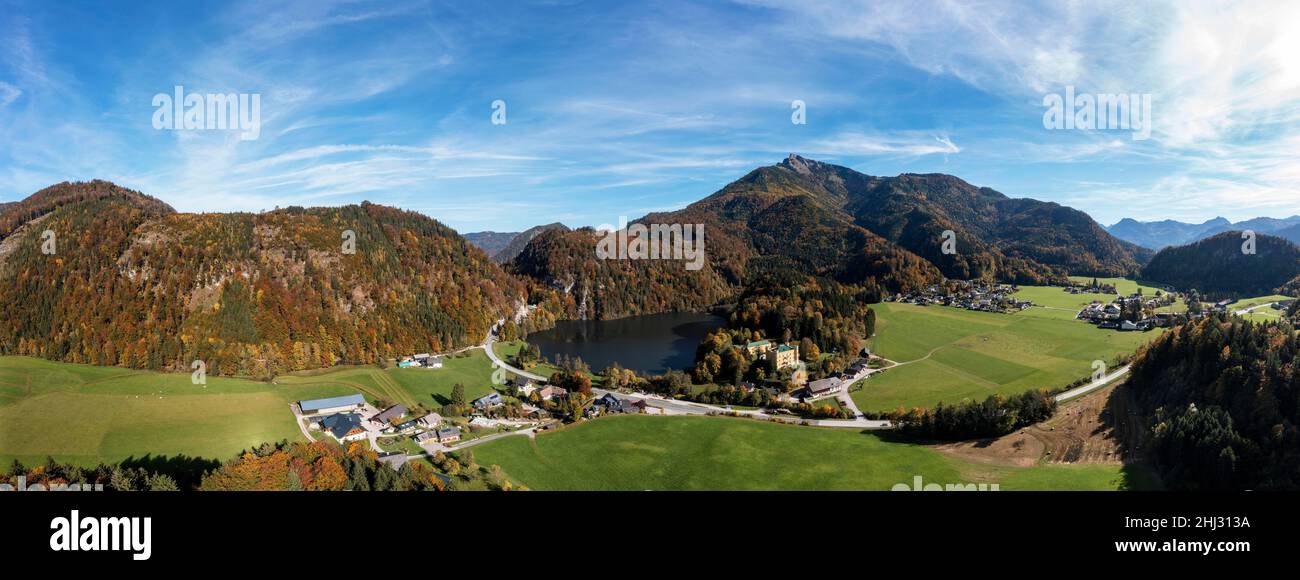Drone shot, Krottensee with Huettenstein Castle and Schafberg, Winkl ...
