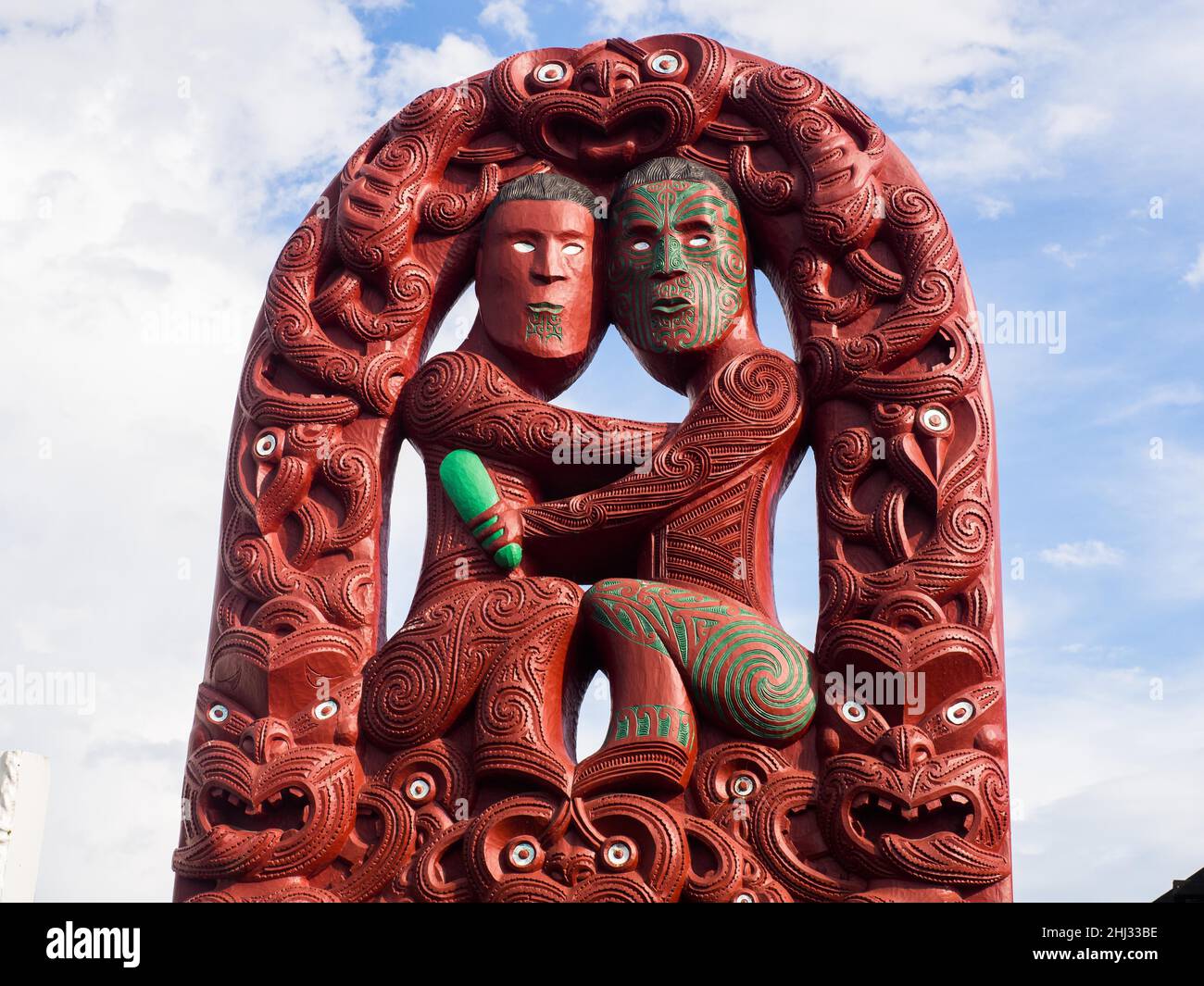 Entrance gate Maori settlement Whakararewa, Maori culture, woodcarving ...