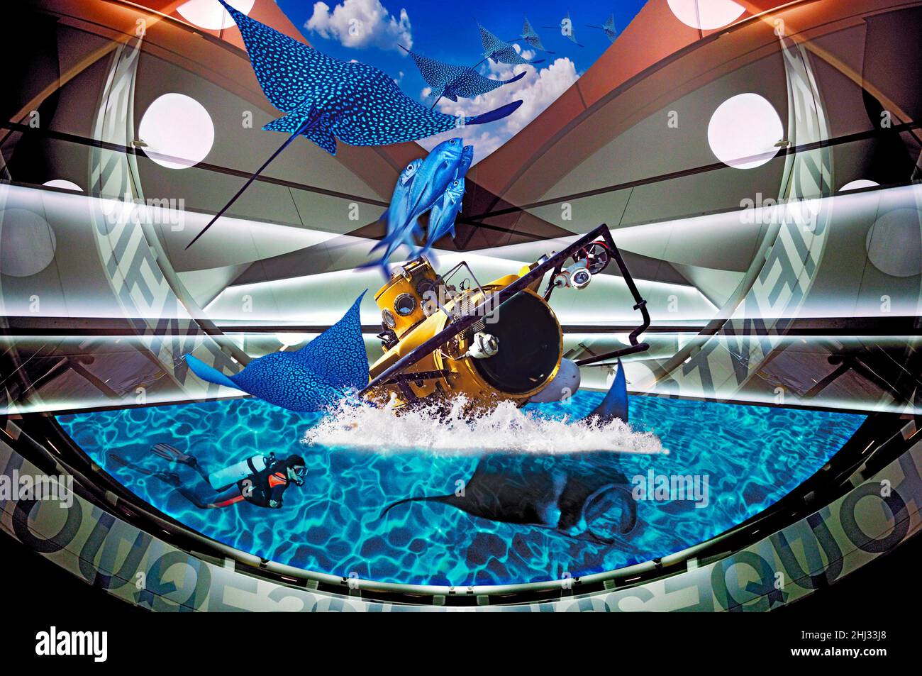 Photomontage, BMW Museum, rotunda with lettering, submarine and fish ...