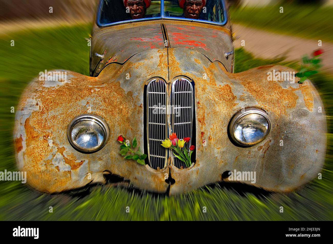 Photomontage, old BMW 328 rusted scrap car, Bavaria, Germany Stock ...