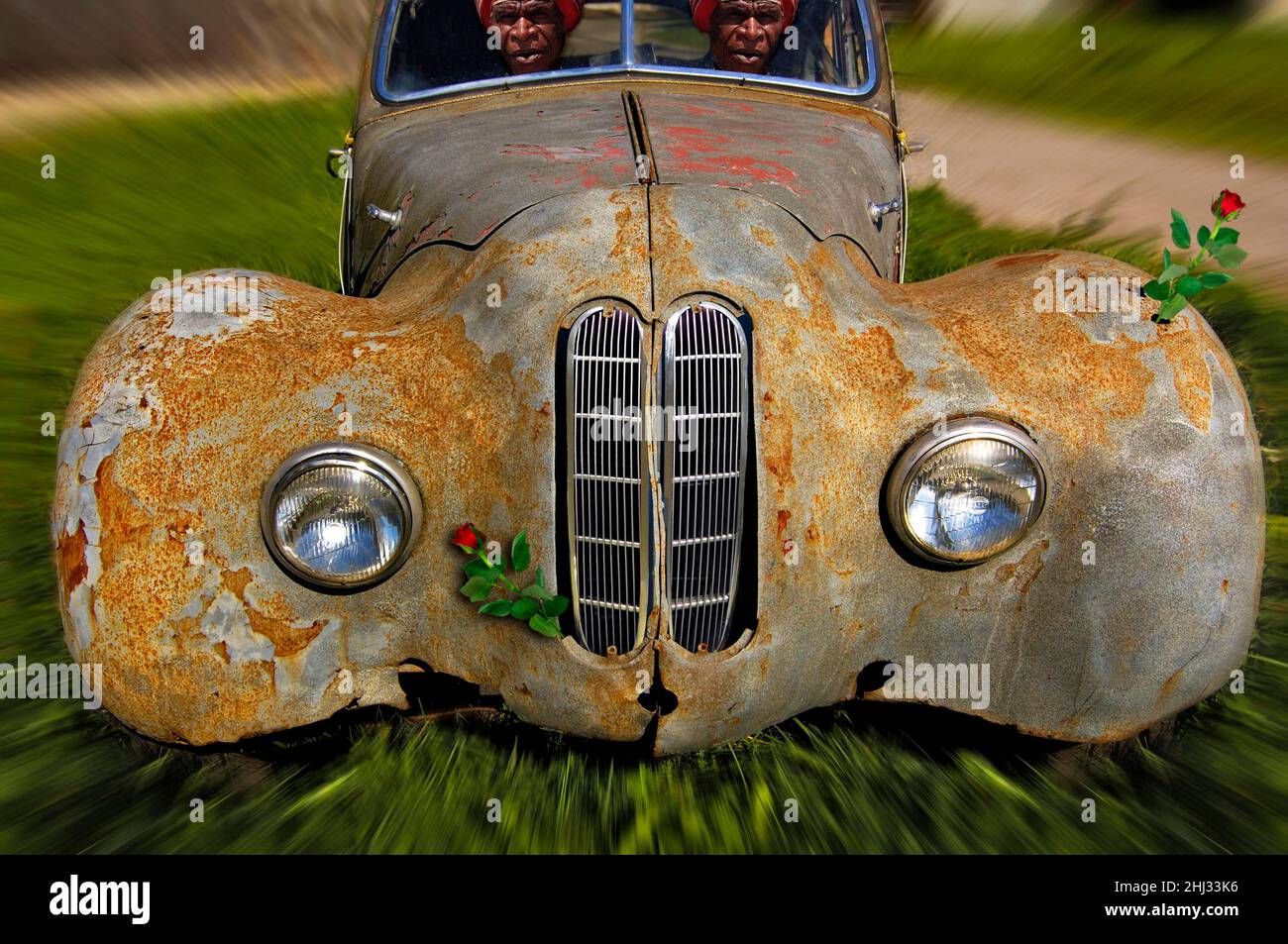 Photomontage, old BMW 328 rusted scrap car, Bavaria, Germany Stock ...