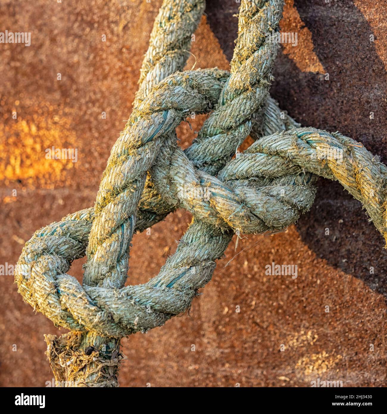 Knotted rope against rusty metal background Stock Photo - Alamy