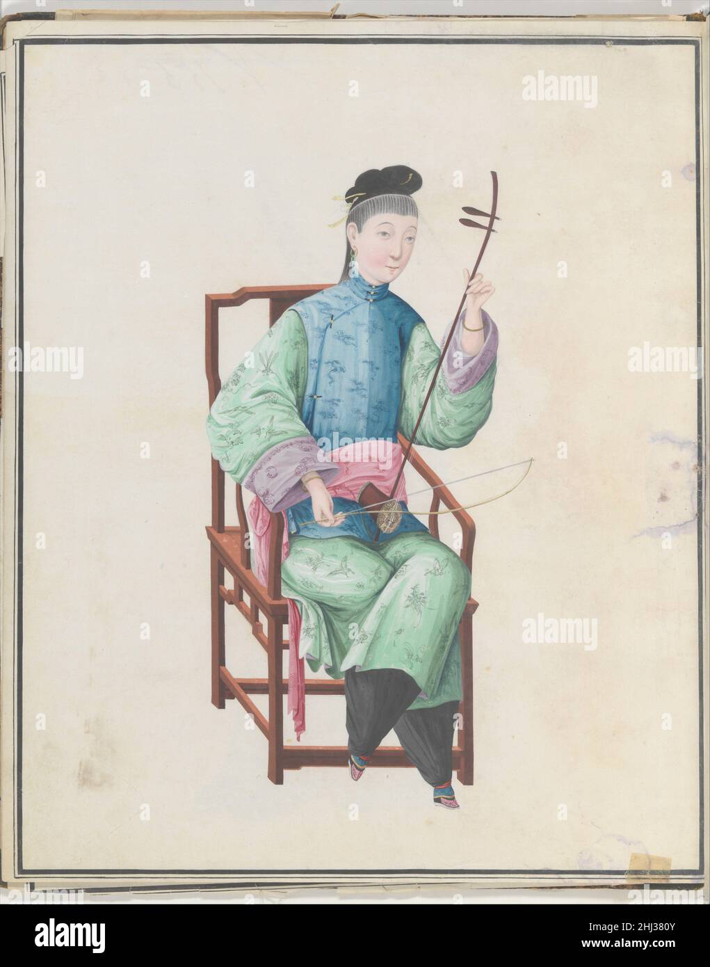 Watercolor of musician playing gaohu(?) late 18th century Chinese ...