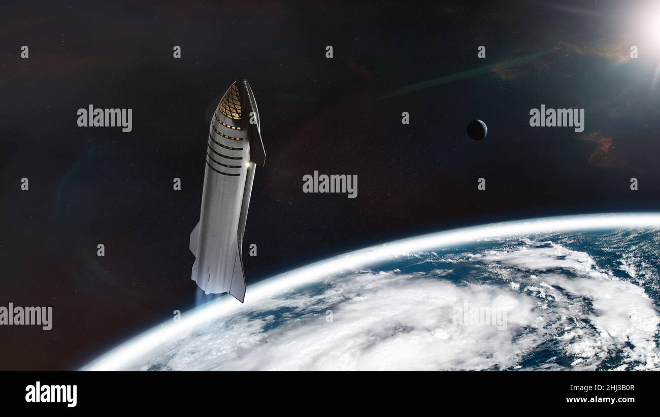 Heavy Starship in low-Earth orbit. Elements of this image furnished by ...