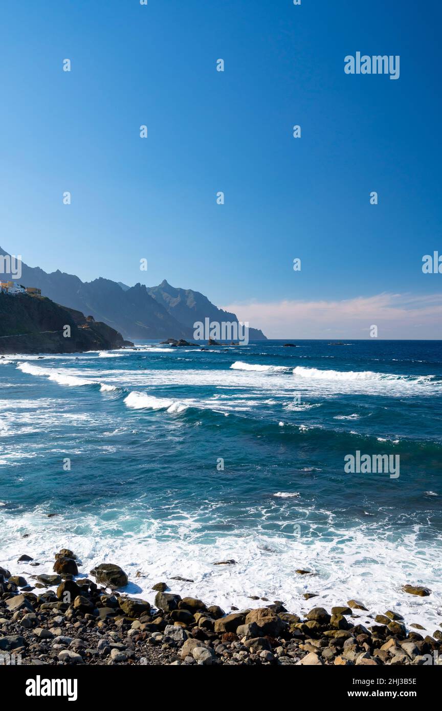 Panoramic view on lava rocks of laya de Almaciga and blue Atlantic ...
