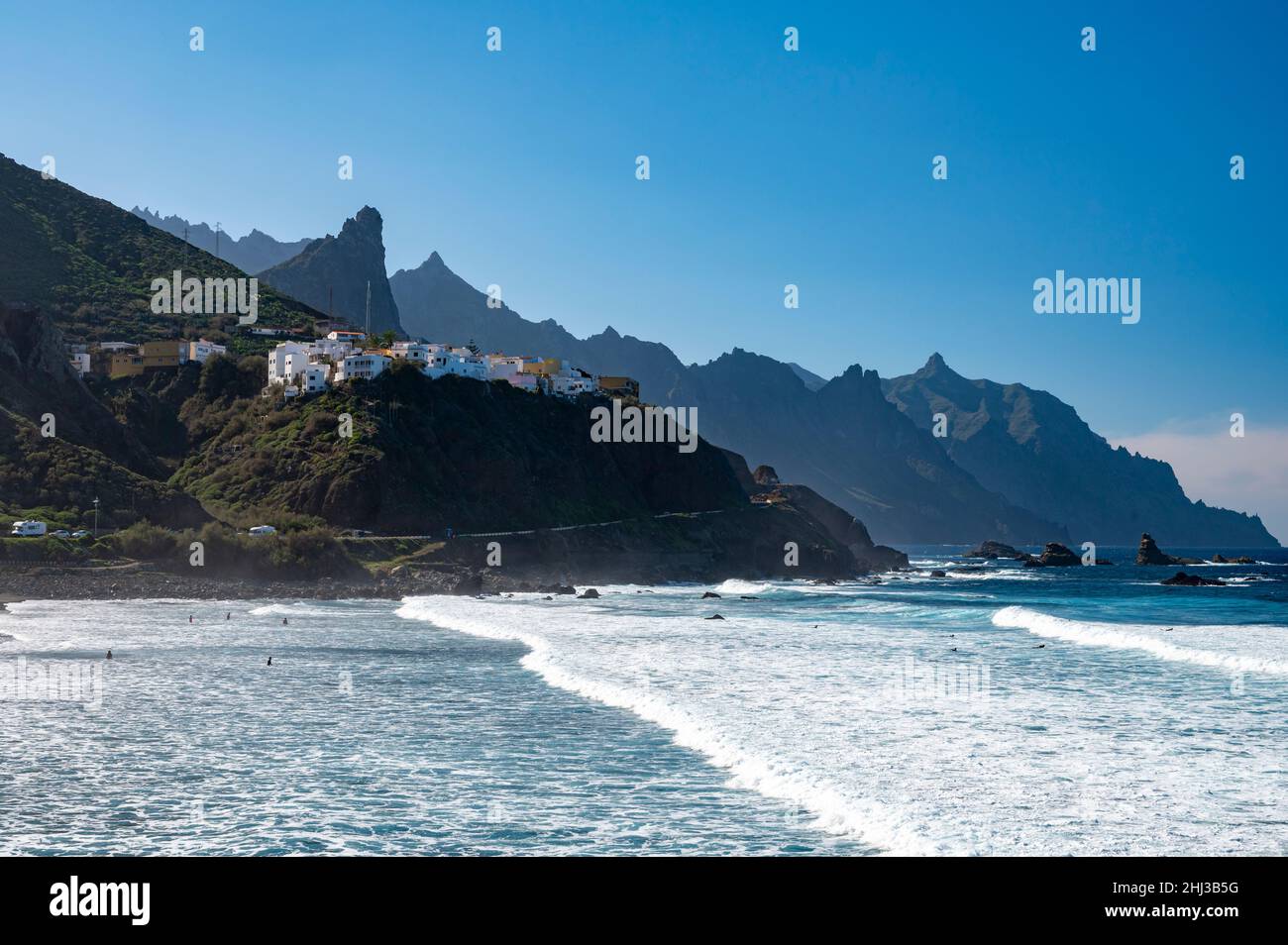 Panoramic view on lava rocks of laya de Almaciga and blue Atlantic ...