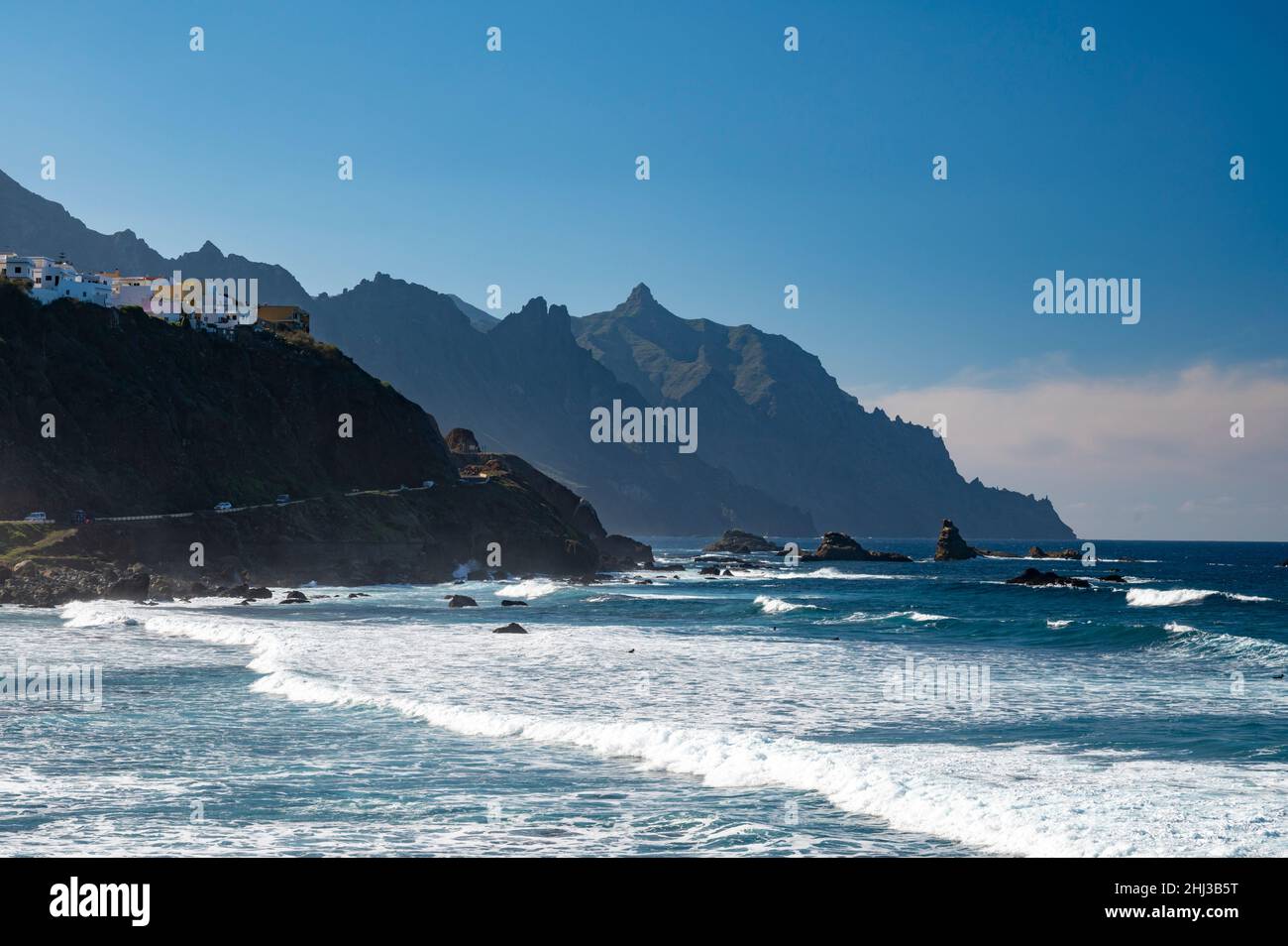Panoramic view on lava rocks of laya de Almaciga and blue Atlantic ...