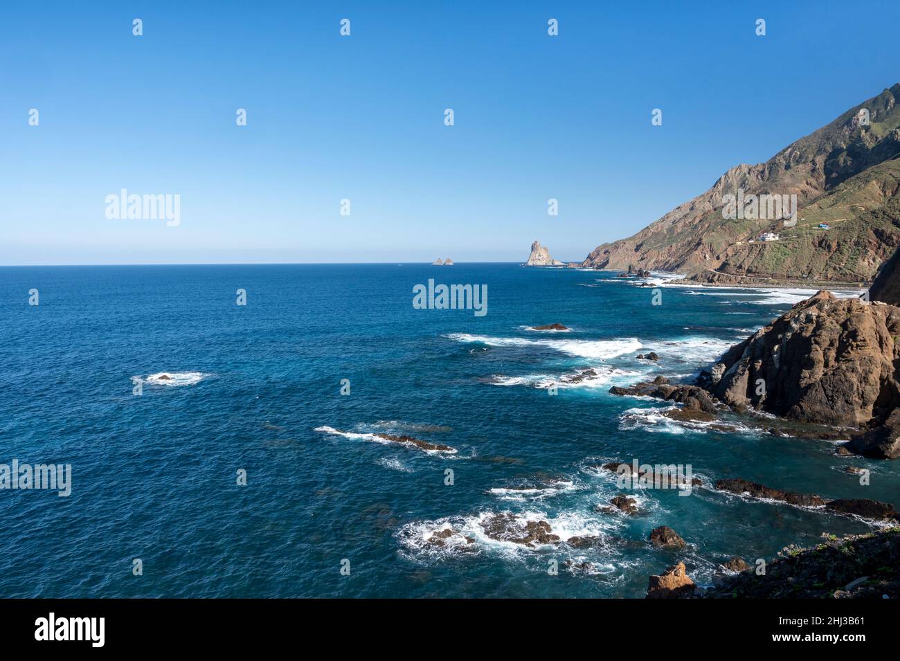 Panoramic view Playa del Roque de las Bodegas and blue Atlantic ocean ...