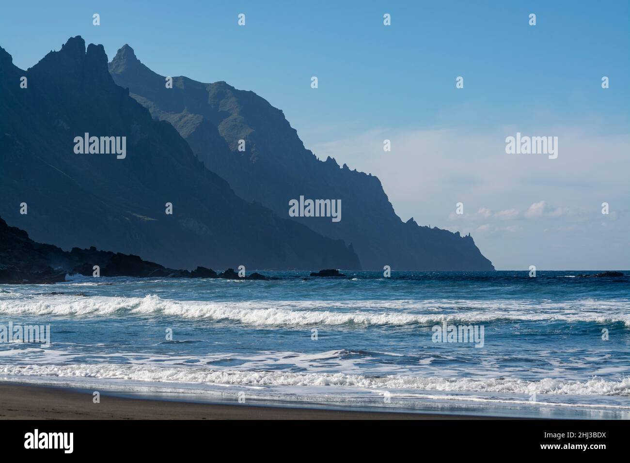 Panoramic view on lava rocks of laya de Almaciga and blue Atlantic ...