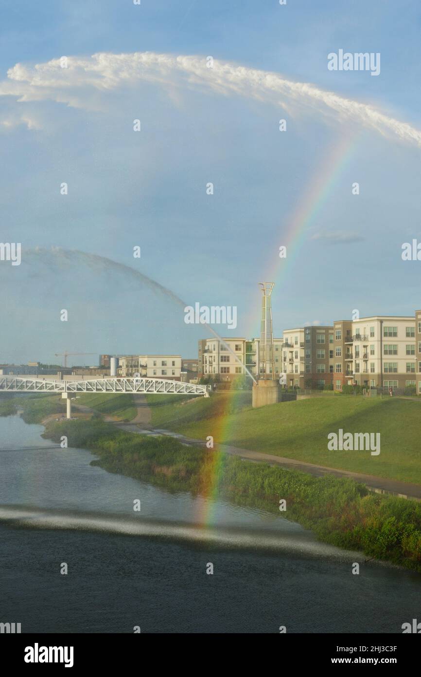 Rainbow in the river fountain spray. At the confluence of the Mad River ...