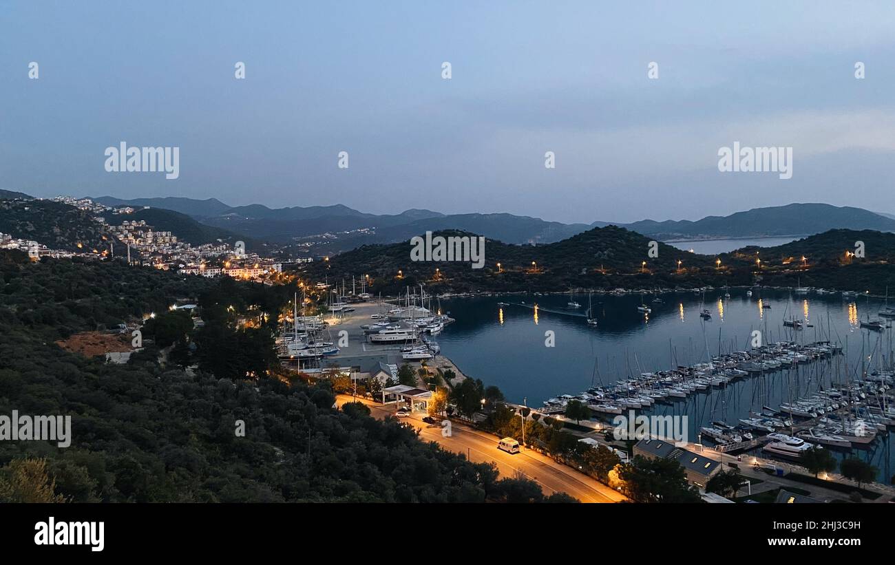 Mediterranean harbor with small sailing boats during dusk, Kas Turkey ...