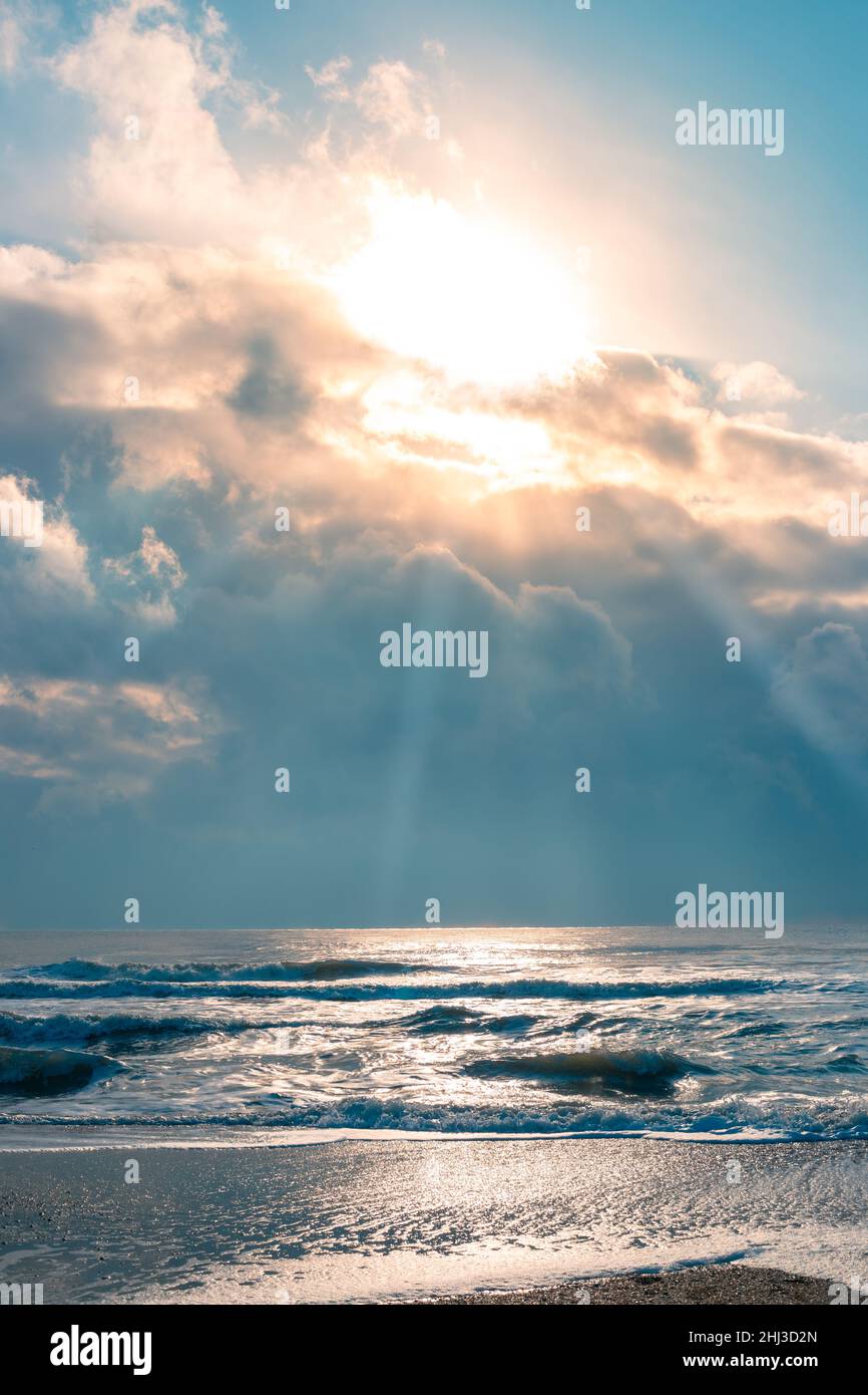 Marine vertical landscape. Sea with waves and beautiful cloudy sky ...